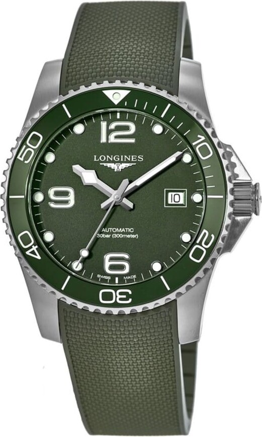 Longines HydroConquest Automatic 41mm Green Dial Rubber Strap Men's Watch L3.781.4.06.9 - ShopStyle