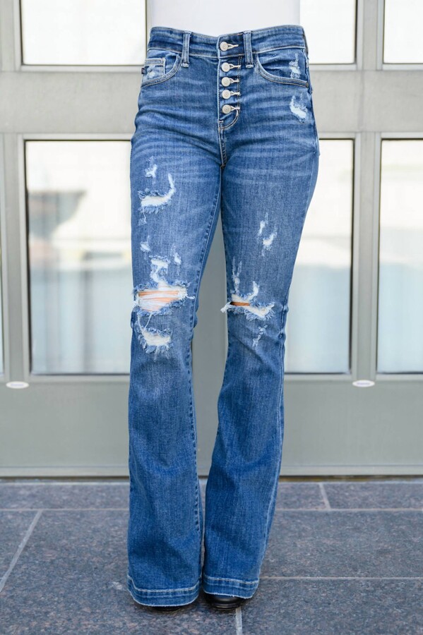Judy Blue Gabriella Distressed Button Fly Flare In Medium Blue - ShopStyle