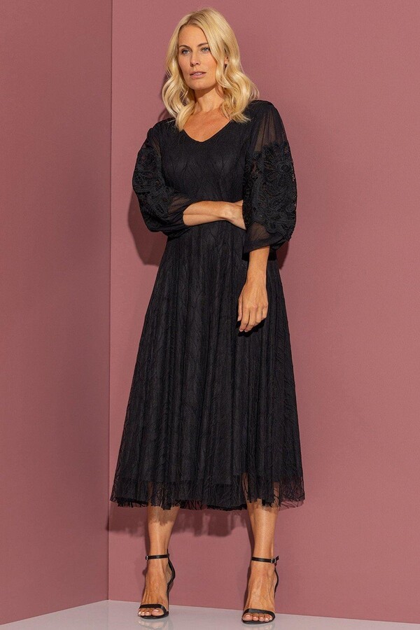 Klass. Puff Sleeve Mesh Lace Midi Dress - ShopStyle