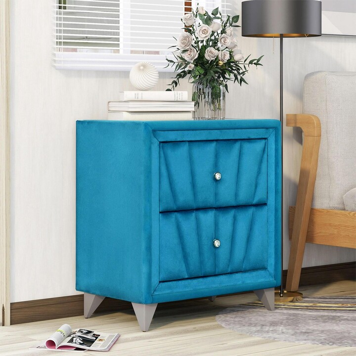 CTEX Velvet Upholstered Nightstand with Two Drawers and Glass Top, Side ...