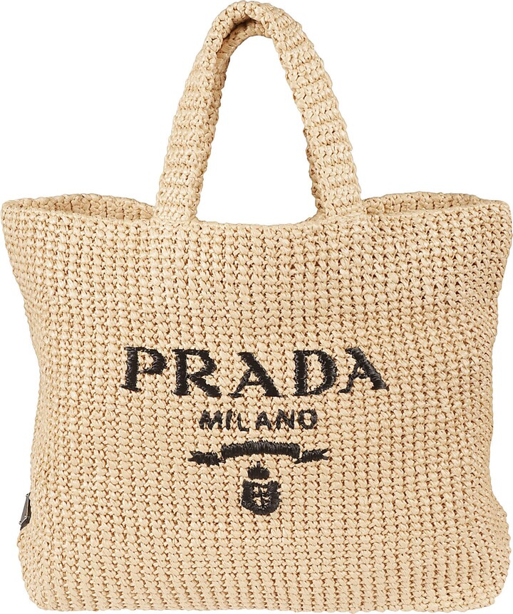 Prada Logo Embroidered Raffia Shopper Bag - ShopStyle