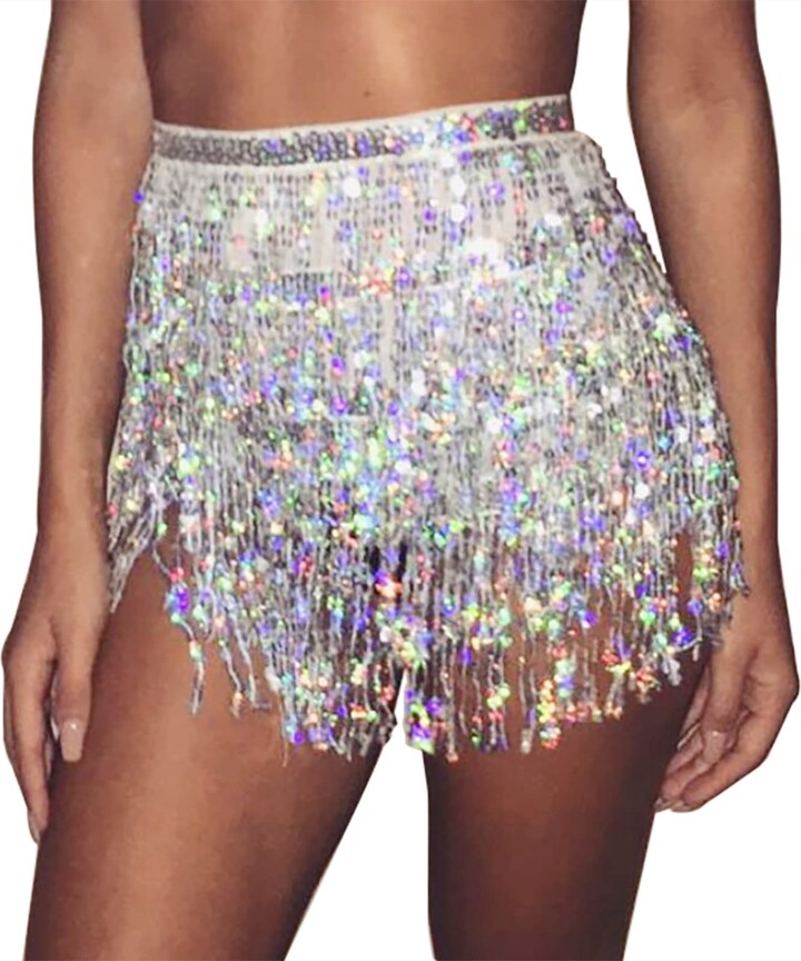 Malaxlx Silver Sequin Skirt Belly Dance Hip Scarf Skirt Tassel Skirt Sequin Wrap Party Rave ...