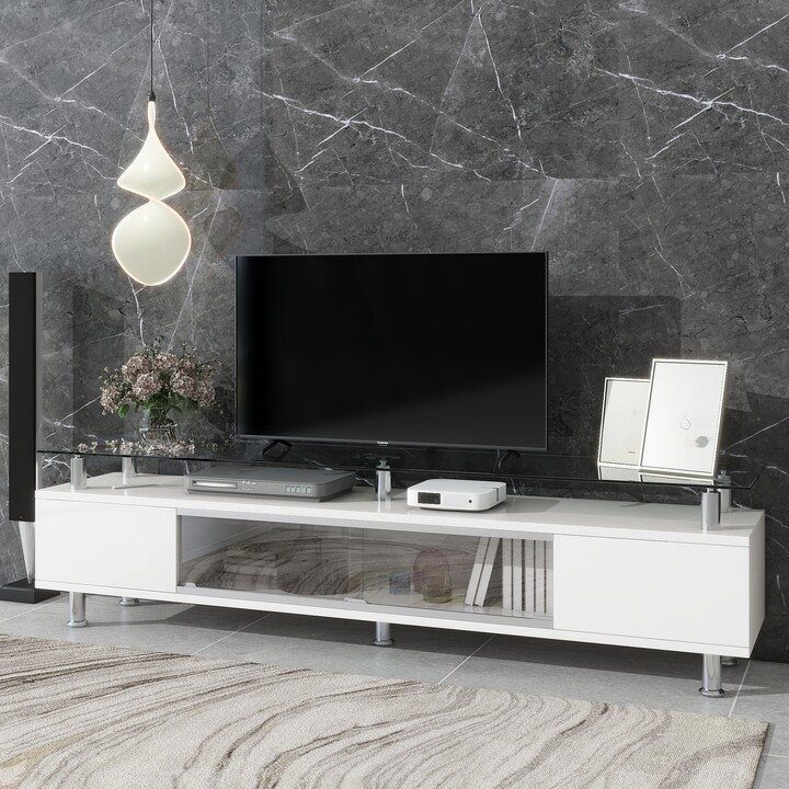 RASOO Contemporary Glass TV Stand with Sliding Door - Tempered Glass ...