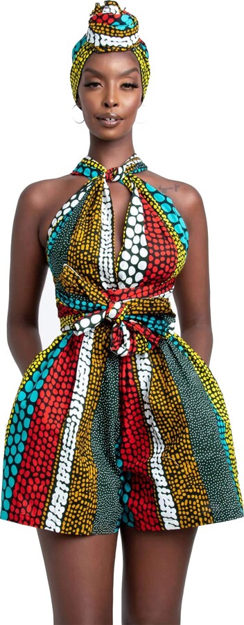 QIAOZHI Women African Clothing Indian Dashiki Retro Print Jumpsuit Multiple Wear Wide Leg Short ...