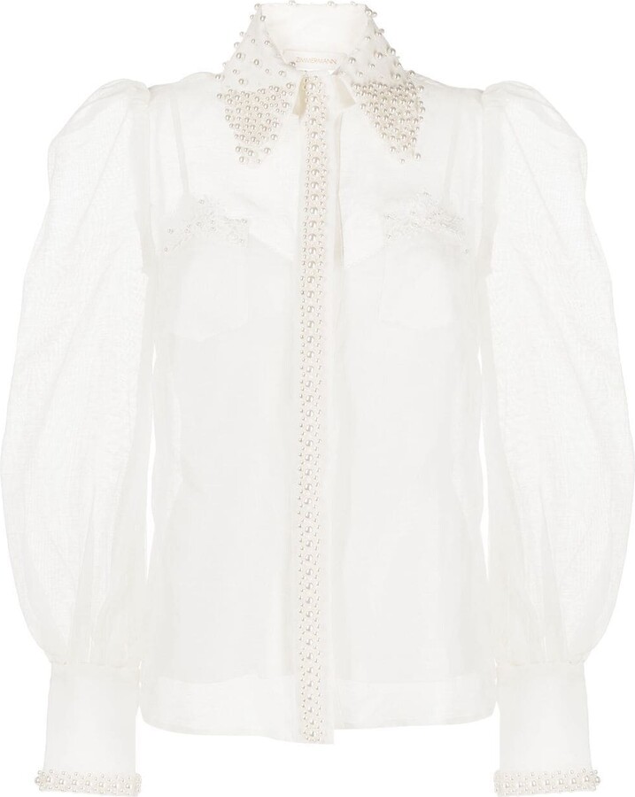 Zimmermann Pearl-Embellished Wide-Sleeved Shirt - ShopStyle Tops