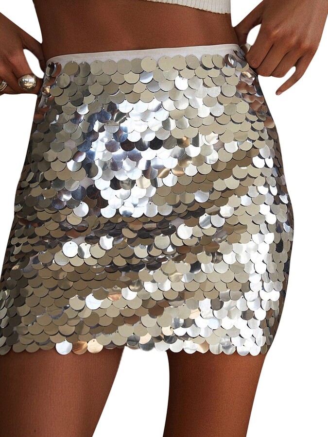 Achlibe Women's Sparkly Sequin Mini Skirt Sexy Low Waist Full Glitter ...