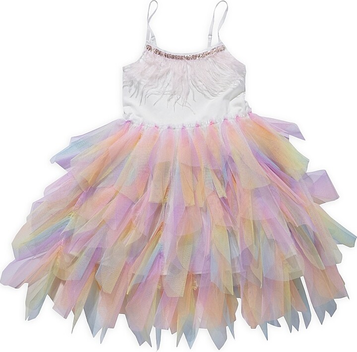 Petite Hailey Little Girl's Feather-Trim Sequined Layered Tulle Dress ...