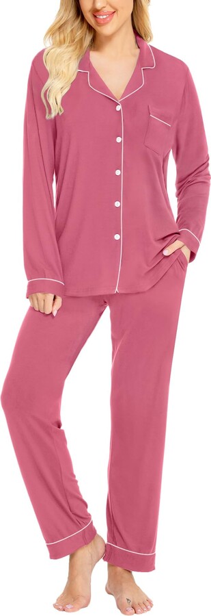 SWOMOG Women's Pyjamas Set Long Sleeve Sleepwear Button Down Nightwear ...