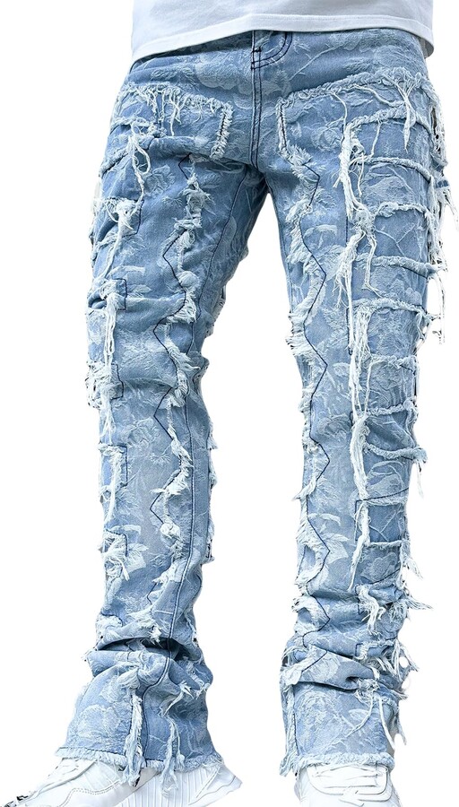 Ahafeni Mens Ripped Stacked Jeans Distressed Straight Jeans Skinny ...