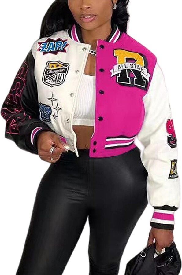 Perbai Women's Cropped Varsity Jacket Colorblock Letter Print Button ...
