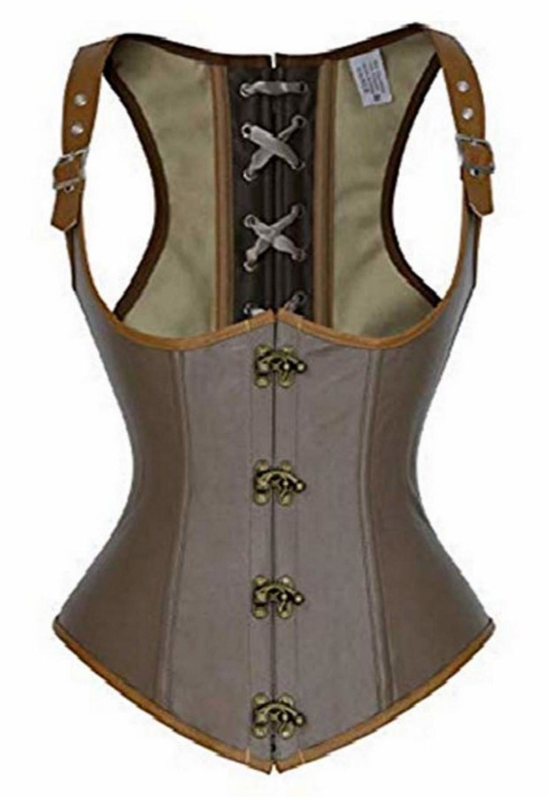 KUOSE Brown Leather Waistcoat Vintage Underbust Corset Basques ...