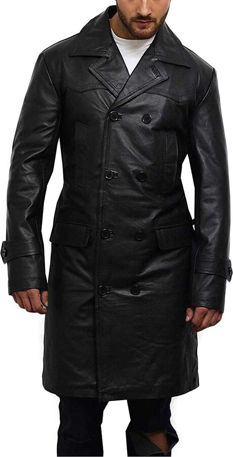 BRANDSLOCK Mens Leather Reefer Long Jacket Genuine Cow Hide ...