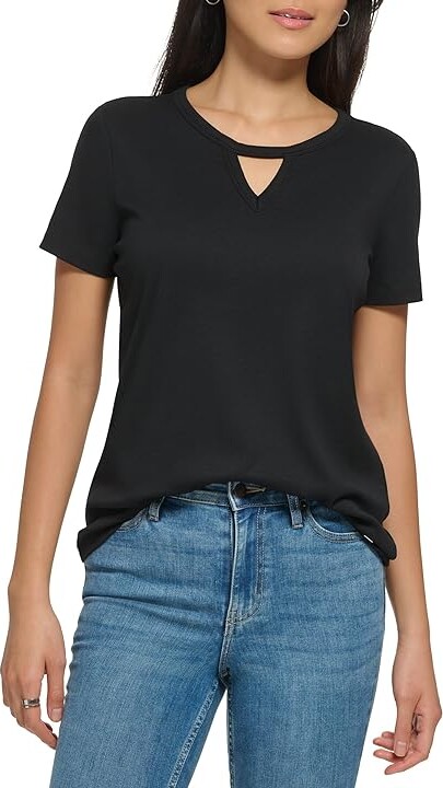 Calvin Klein Jewel Neck Keyhole Cut-Out Knit Tee (Black) Women's ...