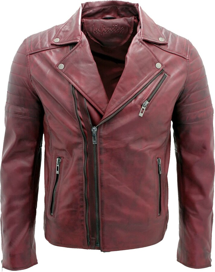Infinity Leather Men's Burgundy Slim Fit Brando Style Double Cross Zip ...