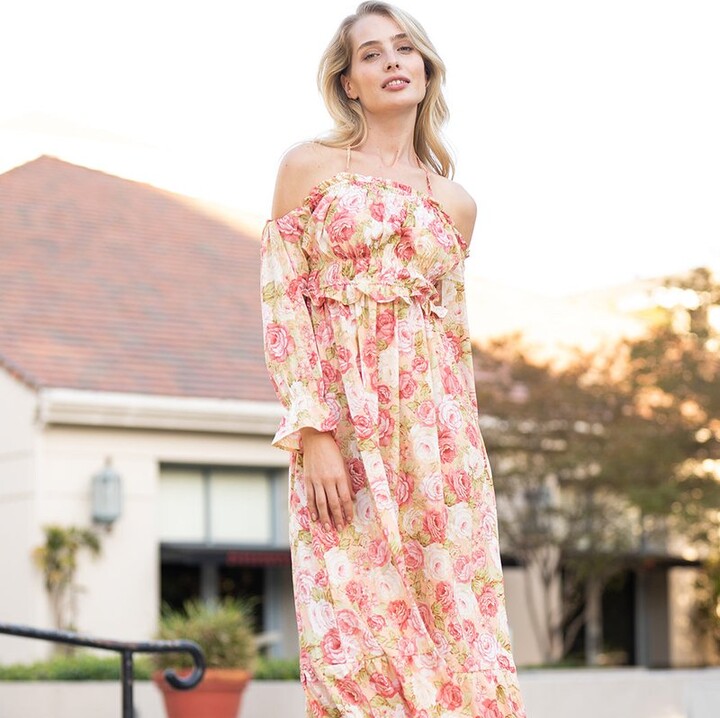 Anna-Kaci Floral Off-The-Shoulder Shirred Ruffled Puff Sleeve Midi ...