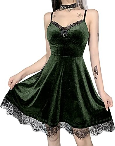 DINGJIUYAN Gothic Lace Short Dress Black Mini Dress V Neck Half Moon Corset Gothic Aesthetic ...