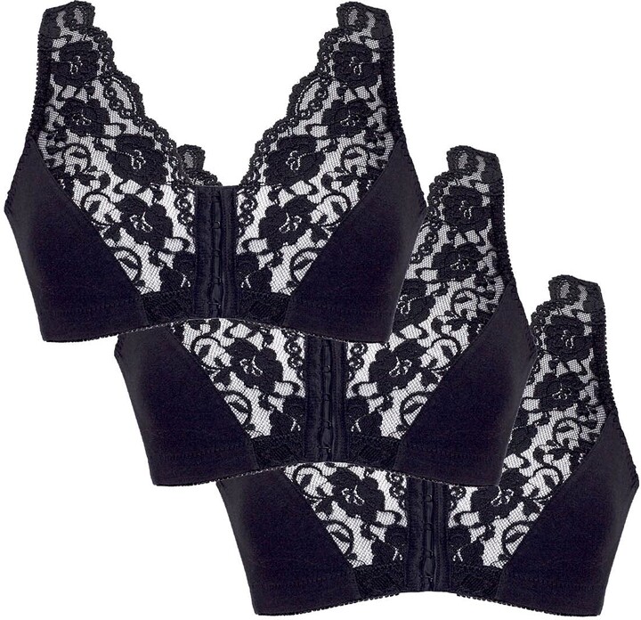 Eden House Pack of 3 Bra Cotton Lace Front Fastening Magic Bra Black ...