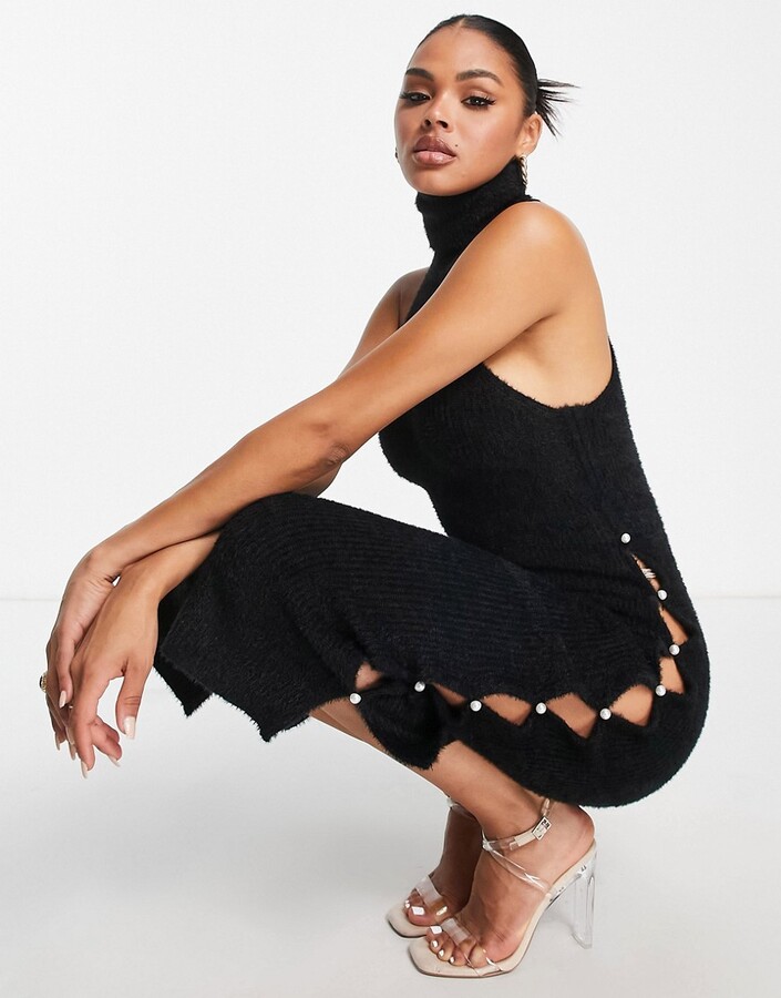 Aria Cove fluffy roll neck sleeveless midi dress with pearl trim cut ...