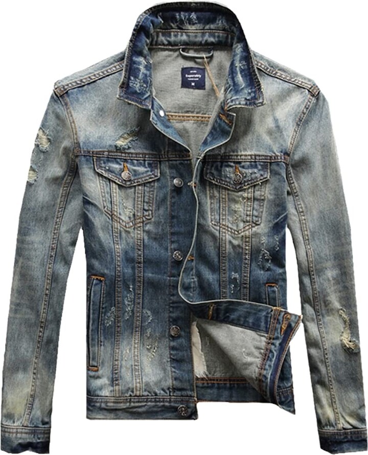 GUVAA Streetwear Men Jacket Retro Washed Destroyed Patchwork Ripped ...