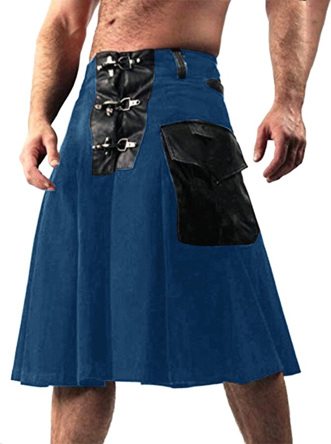 QIFLY Traditional Stag Party Kilt Men Plain Tartan Utility Kilts Skirts with Cargo Pockets ...