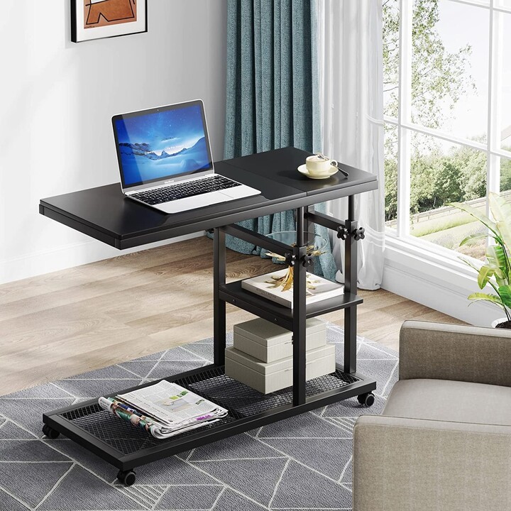 Tribesigns Height Adjustable C Side Table with Wheels, Sofa Bedside ...