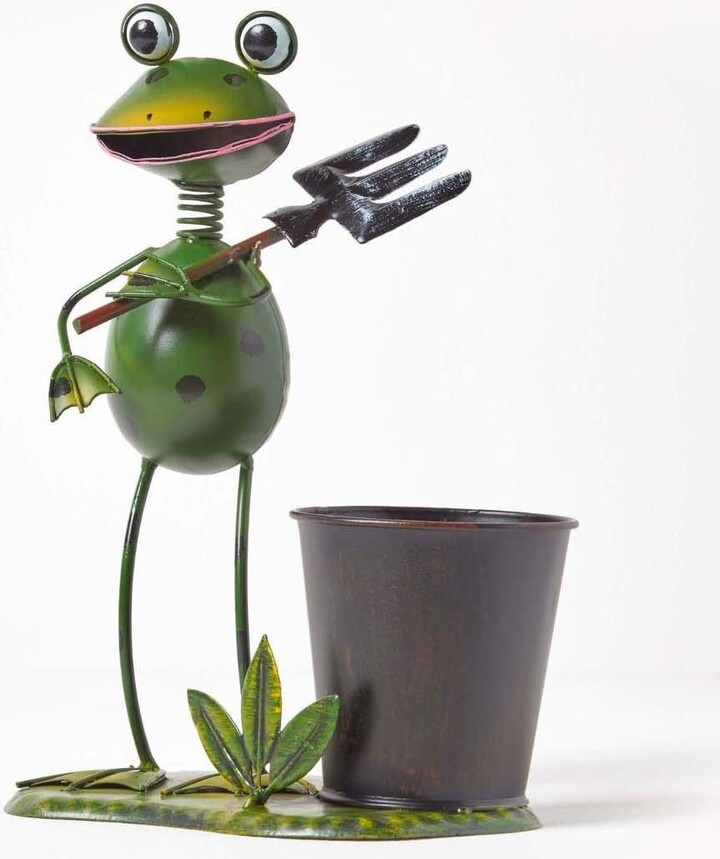 Homescapes Metal Frog with Garden Fork and Flower Pot, 28 cm Tall ...
