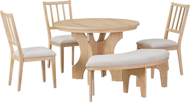 LELATTRADE 5-Piece Round Dining Table Set with Curved Bench & 3 Side ...