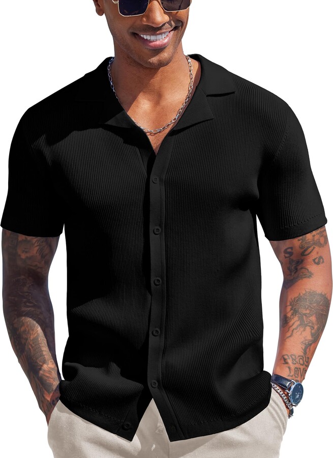 COOFANDY Men's Knit Button Down Shirt Short Sleeve Polo Sweater Summer Casual Shirts Cuban Beach ...