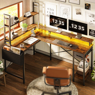 Inbox Zero Lateefa L Shaped Computer Home Office Desk with LED Lights ...