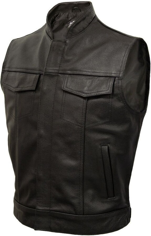 Skintan Mens Real Leather Cowhide Classic 'Cut-Off' Motorcycle Waistcoat in Black - Size M 40 ...