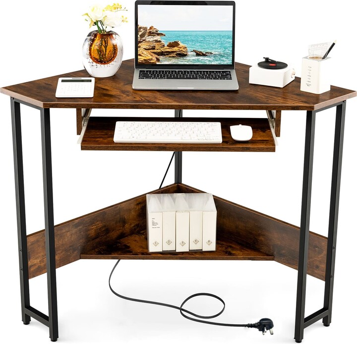 Gymax Corner Desk Workstation With Power Outlets Keyboard Tray Storage ...
