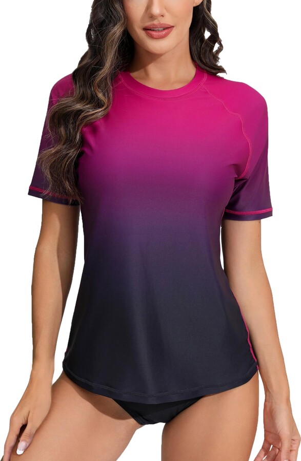 Halcurt Women's Short Sleeve Rash Guard Swimsuit Top with Built in Bra ...