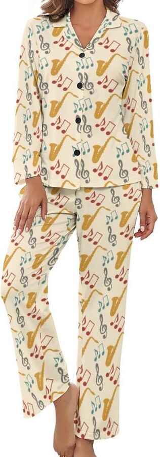Spypkom Music Notes Saxophones Women's Two-Piece Pajama Set Warm Long ...