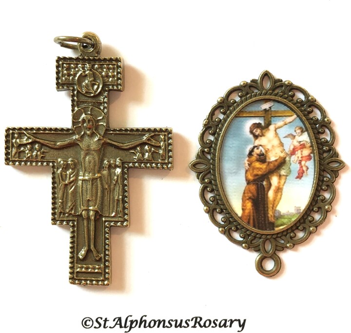 Etsy Bronze Finish Rosary Set St. Francis Christ Crucified Center & San Damiano Cross Crucifix ...