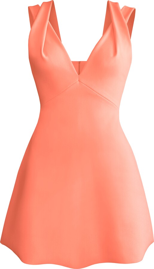 L'MOMO - V-Neckline Dress With Overlapping Shoulder Accent In Coral ...