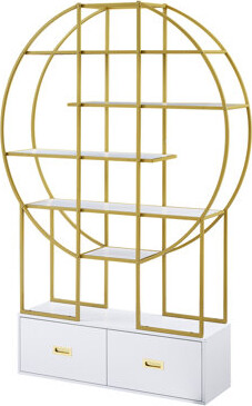 Banior Modern 70.8 Inch Round Bookshelf With Two Drawers, Gold Trim ...