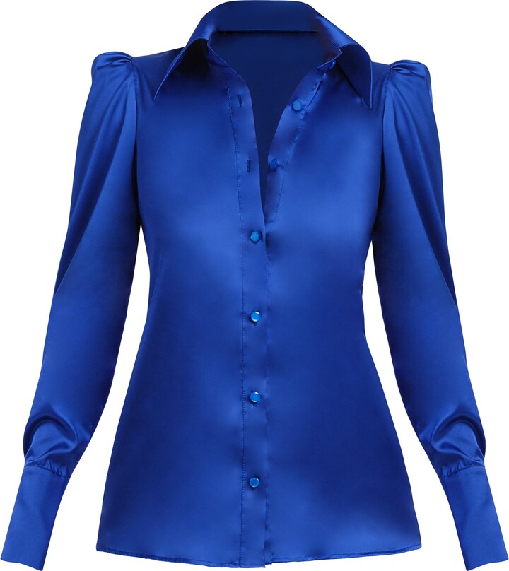 Tia Dorraine - Royal Azure Fitted Satin Shirt - Blue - ShopStyle Tops