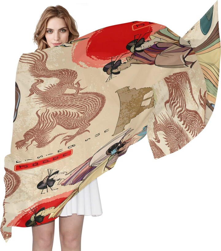 QMIN Scarf Japanese Geisha Chinese Dragon Fashion Long Lightweight ...