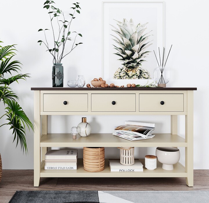 Retro Design Console Table with Two Open Shelves, Pine Solid Wood Frame ...