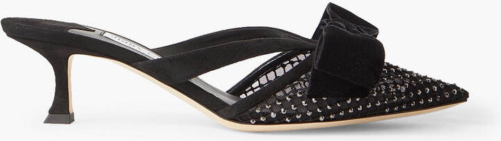 Jimmy Choo Flaca 50 bow and crystal-embellished mesh and suede mules ...