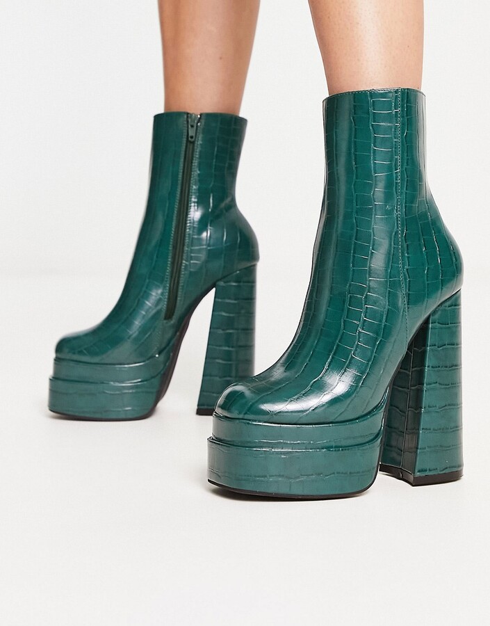 Truffle Collection double platform high ankle boots in green croc ...