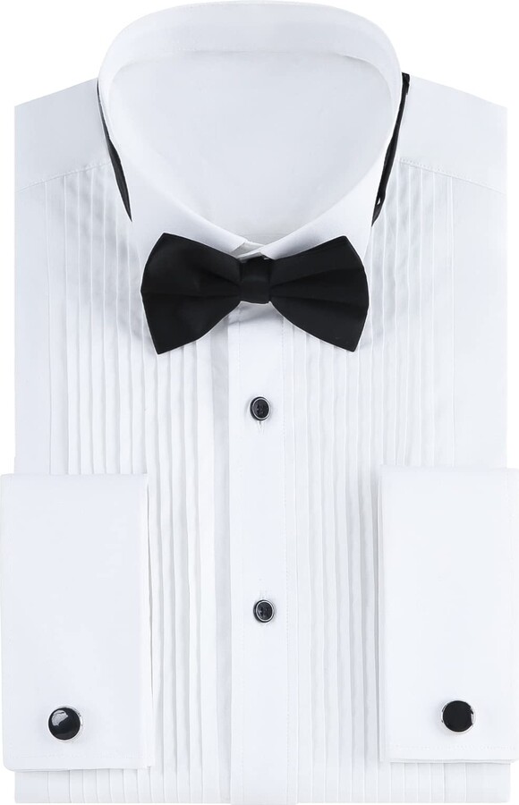 Gollnwe Men's Tuxedo Shirt Wing Collar French Cuffs with Cufflinks and Bow Tie - ShopStyle
