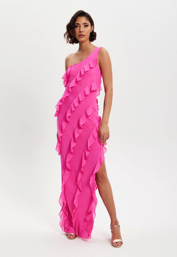Diagonal Ruffle One Shoulder Mesh Maxi Dress in Pink - ShopStyle
