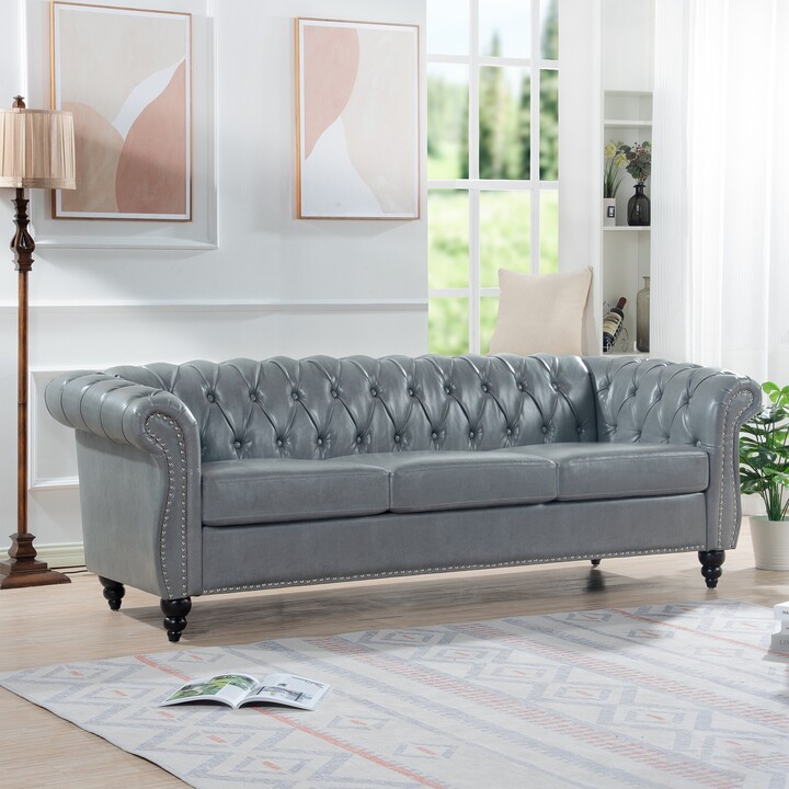 IGEMANINC Luxury PU Leather Three Seater Sofa, 84" Traditional Rolled ...
