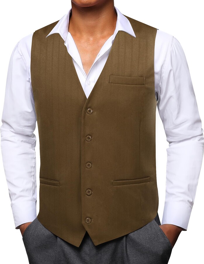 Barry.Wang Mens Brown Vest Formal/Casual V-neck Slim Fit Suit Waistcoat ...