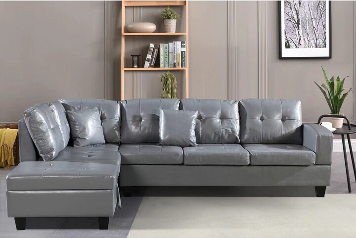 RASOO Grey Faux Leather Foldable Backrest Chaise Sofa Set with Ottoman ...