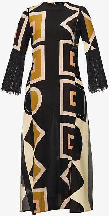 LOUISA PARRIS Womens Pampas The Fringe Geometric-print Silk axi Dress ...