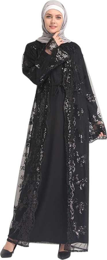 VESNIBA Muslim Islamic Dress Women Muslim Tulle Cardigan Floral Lace ...
