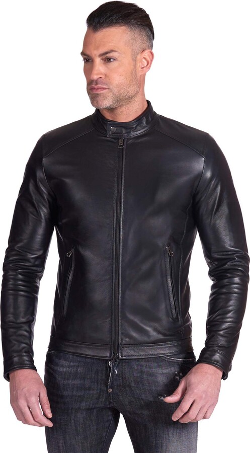 D'Arienzo Mens Italian Black Leather Jacket Biker Motorcycle Jacket ...