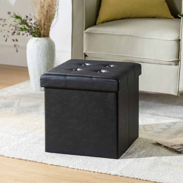 15 Inch Button Tufted Faux Leather Collapsible Storage Ottoman By Crown ...